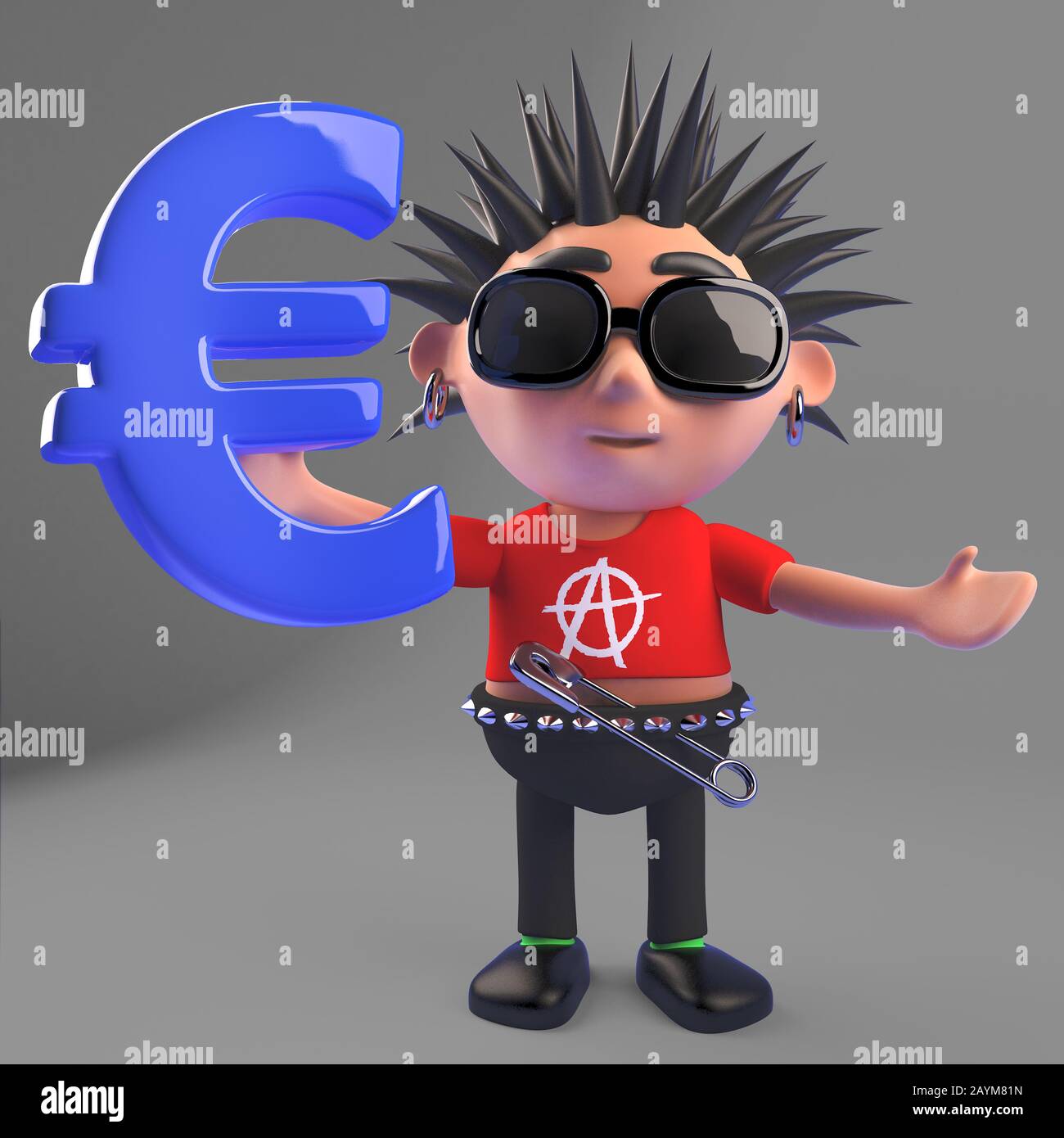 Vicious cartoon punk rocker holding a Euro currency symbol, 3d ...