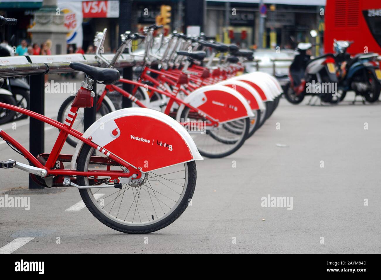 BARCELONA, SPAIN - August, 2014: Vodafone Bicing, bicycle sharing ...
