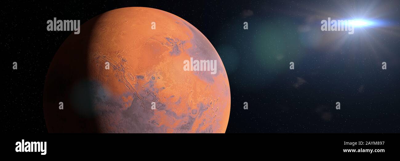 planet Mars with the Sun, sunrise on the red planet Stock Photo - Alamy