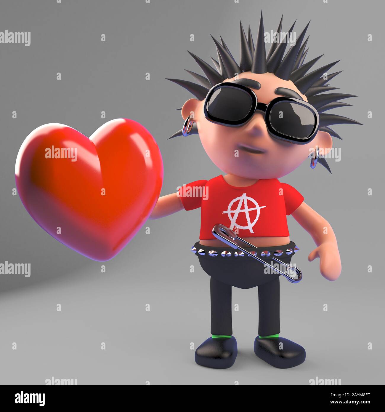 Rotten punk rocker holding a red heart because he is a romantic softy ...