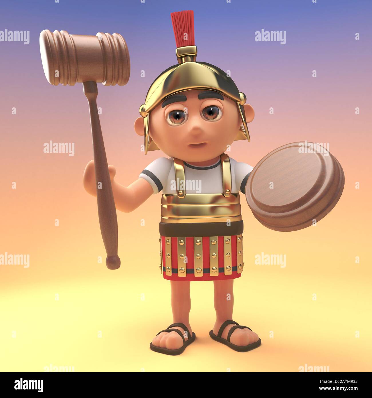 Funny cartoon Roman centurion soldier holding an auction gavel, 3d ...