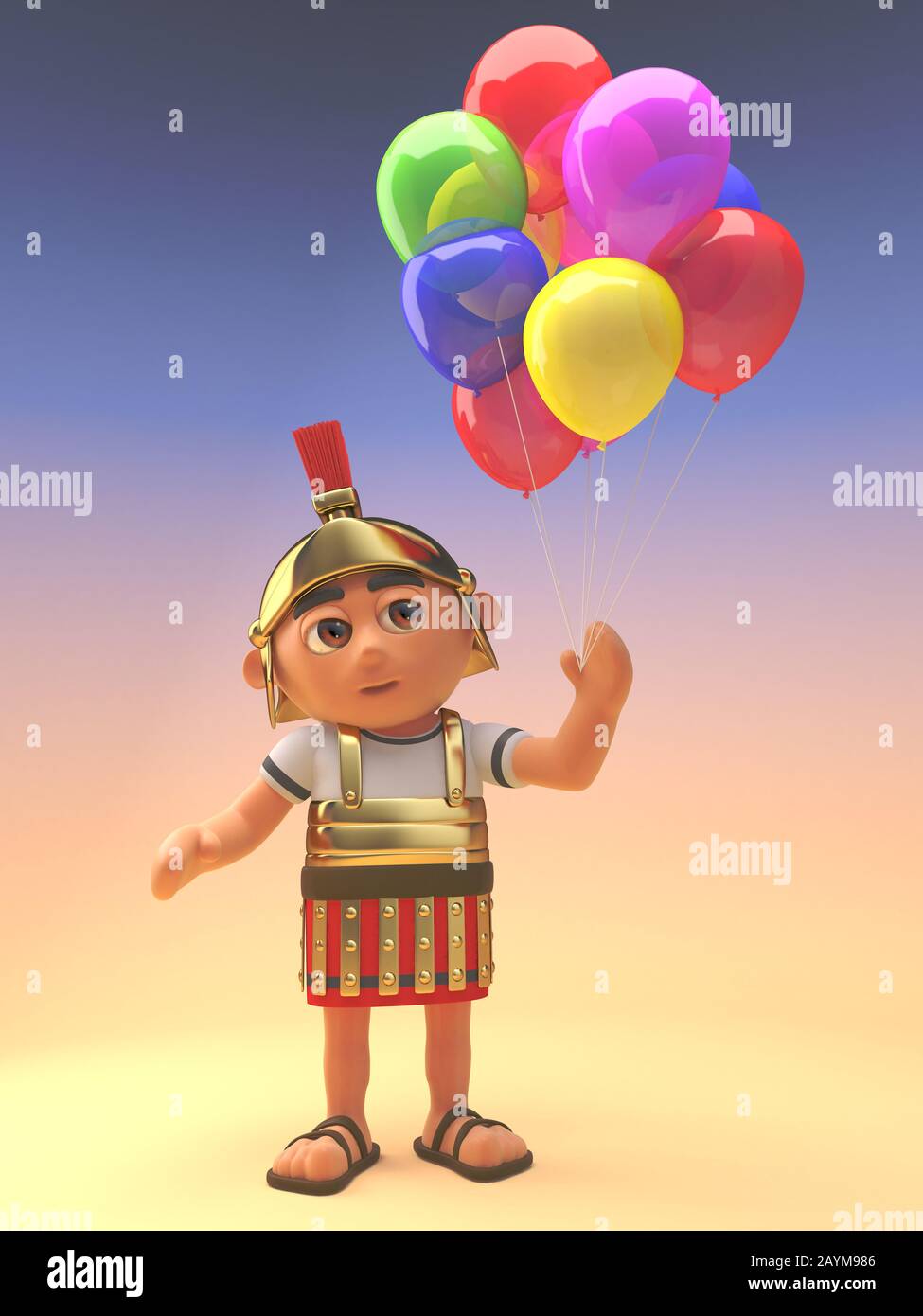 Roman centurion soldier celebrating with party balloons, 3d ...