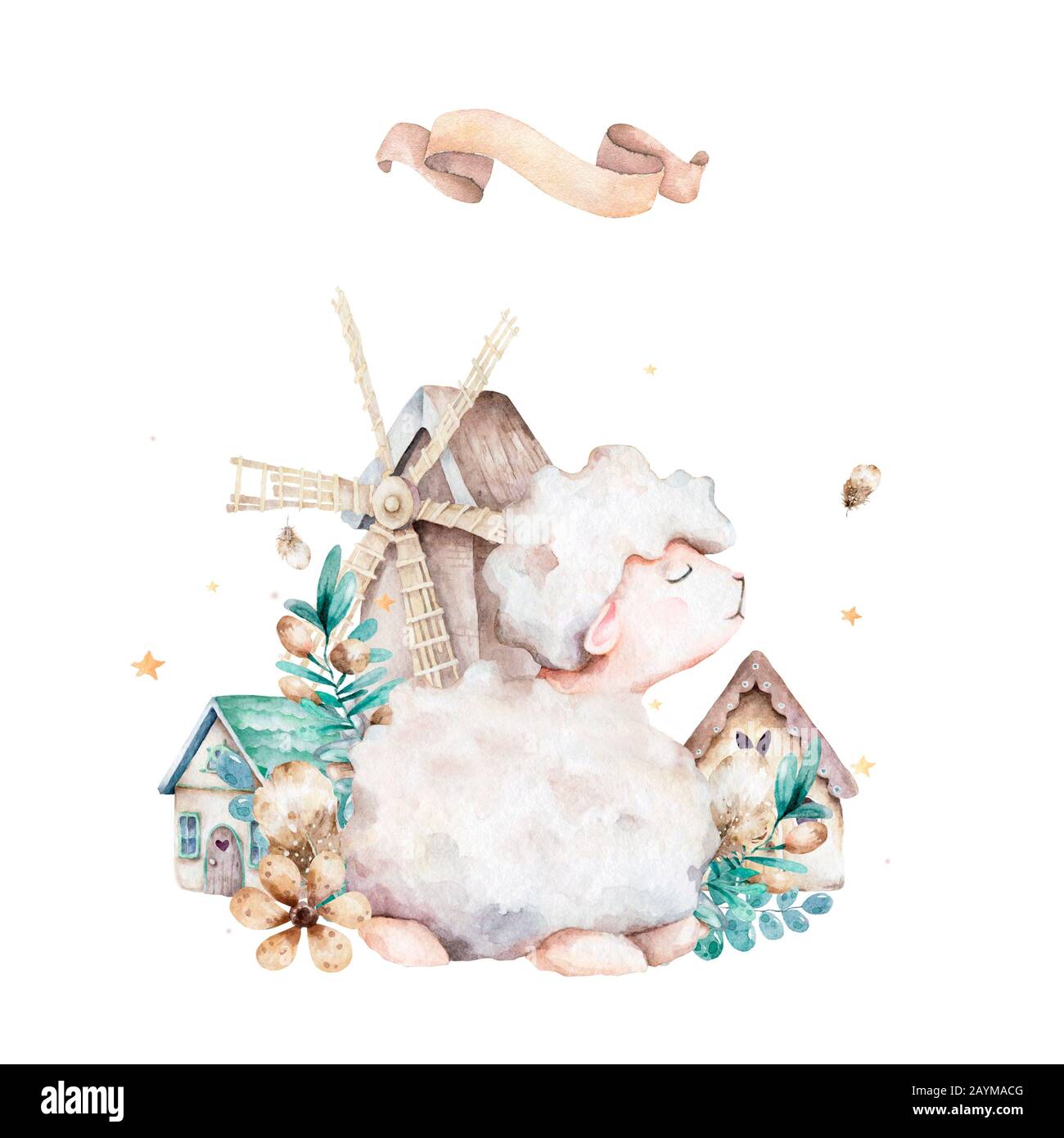 Sweet baby sheep with windmill and wooden house. Farm collection for ...