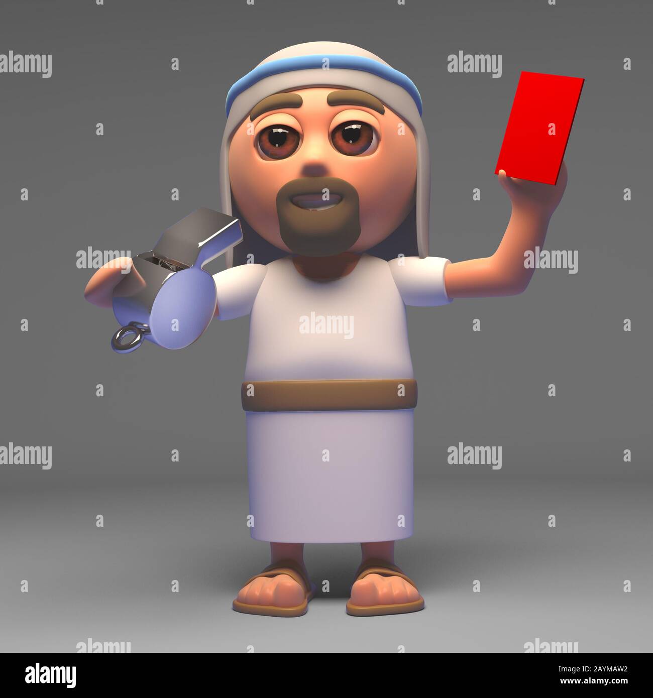 Cartoon Jesus Christ the Messiah hands out a red card penalty, 3d ...