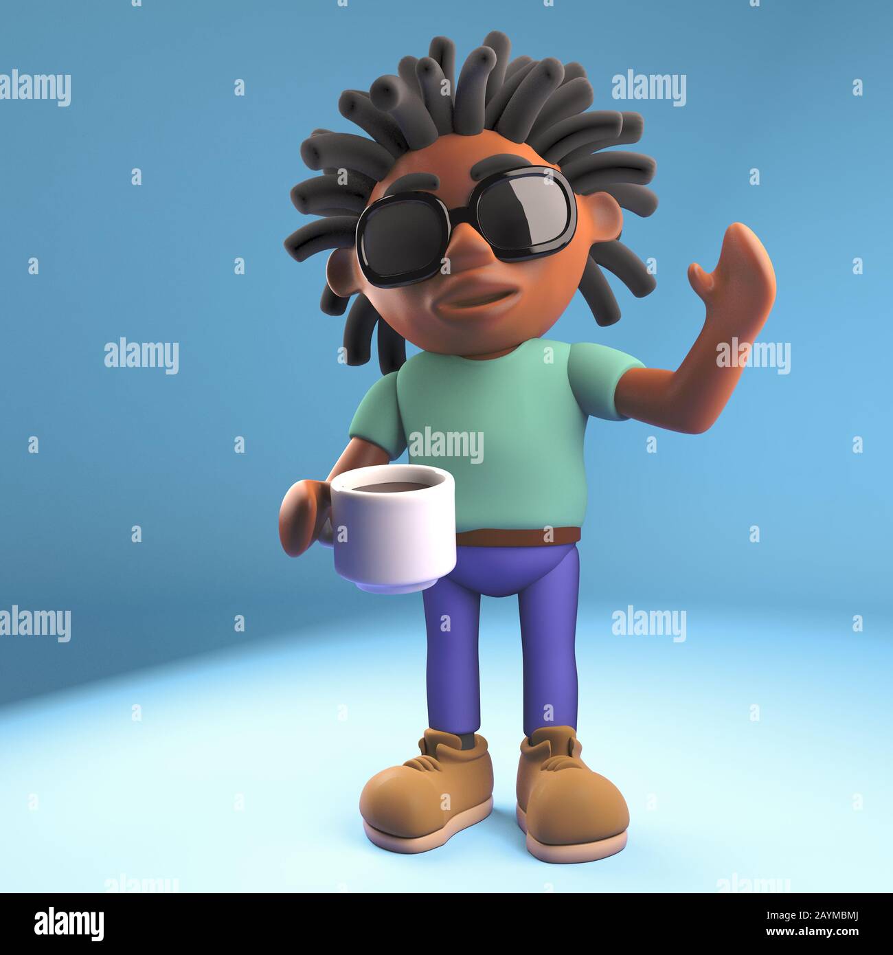 Happy black man drinking coffee and waving hello, 3d illustration ...