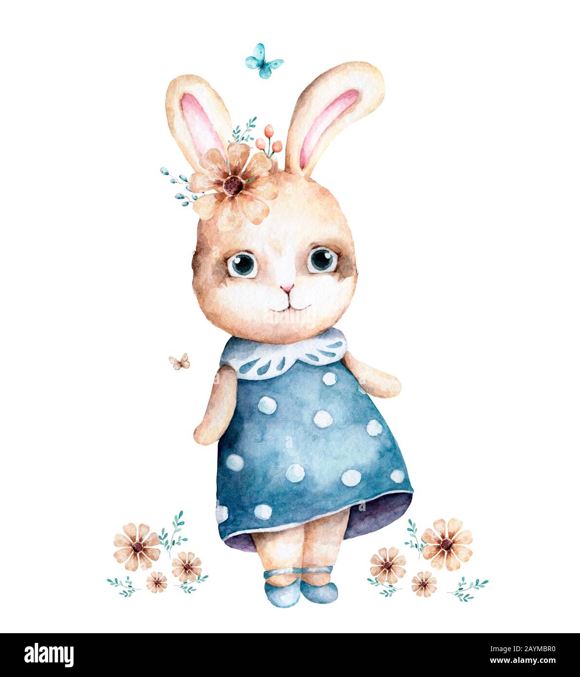 Baby bunny girl. Hand drawn watercolor bunny with flowers background ...