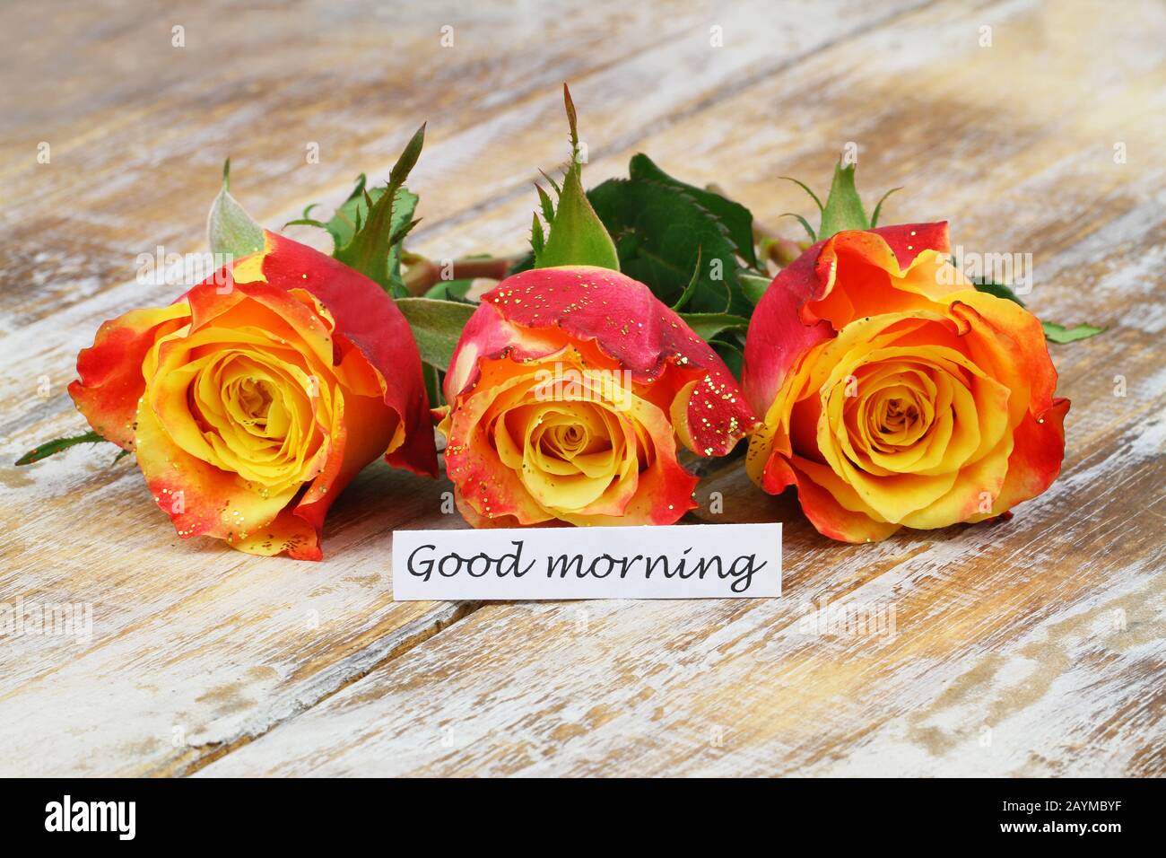 Good morning card with three colorful roses sprinkled with glitter on ...