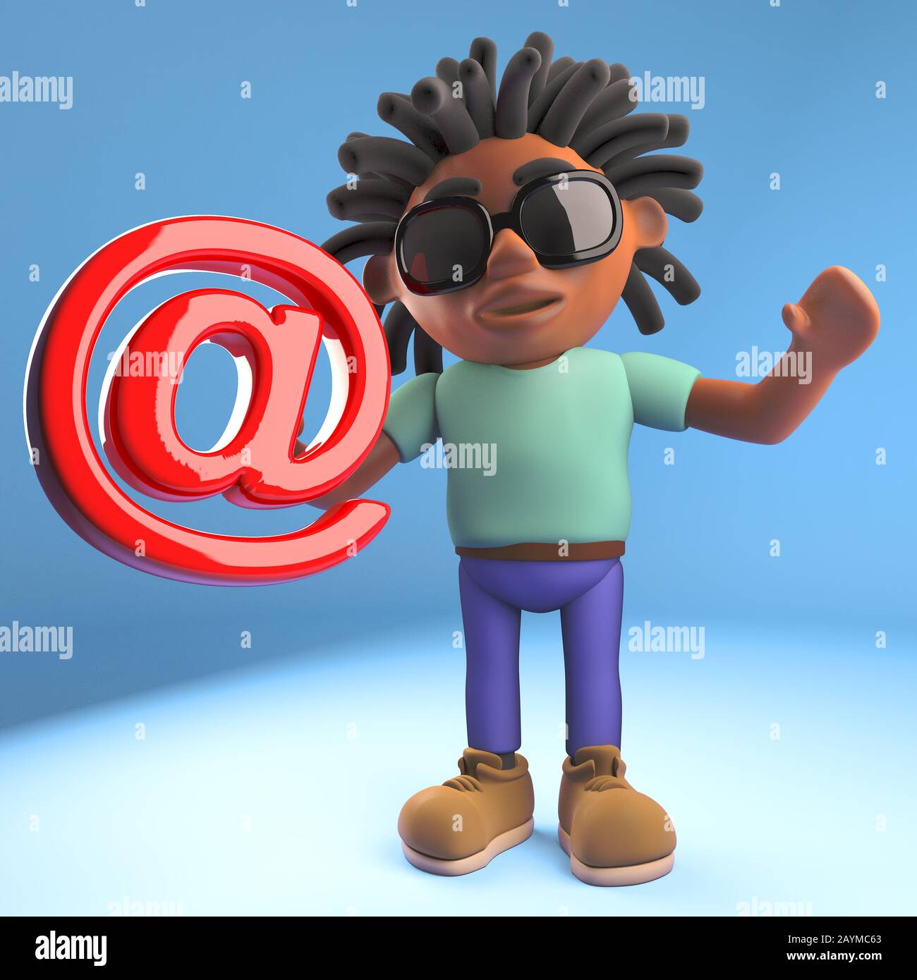A black man with dreadlocks holding an email address symbol, 3d ...