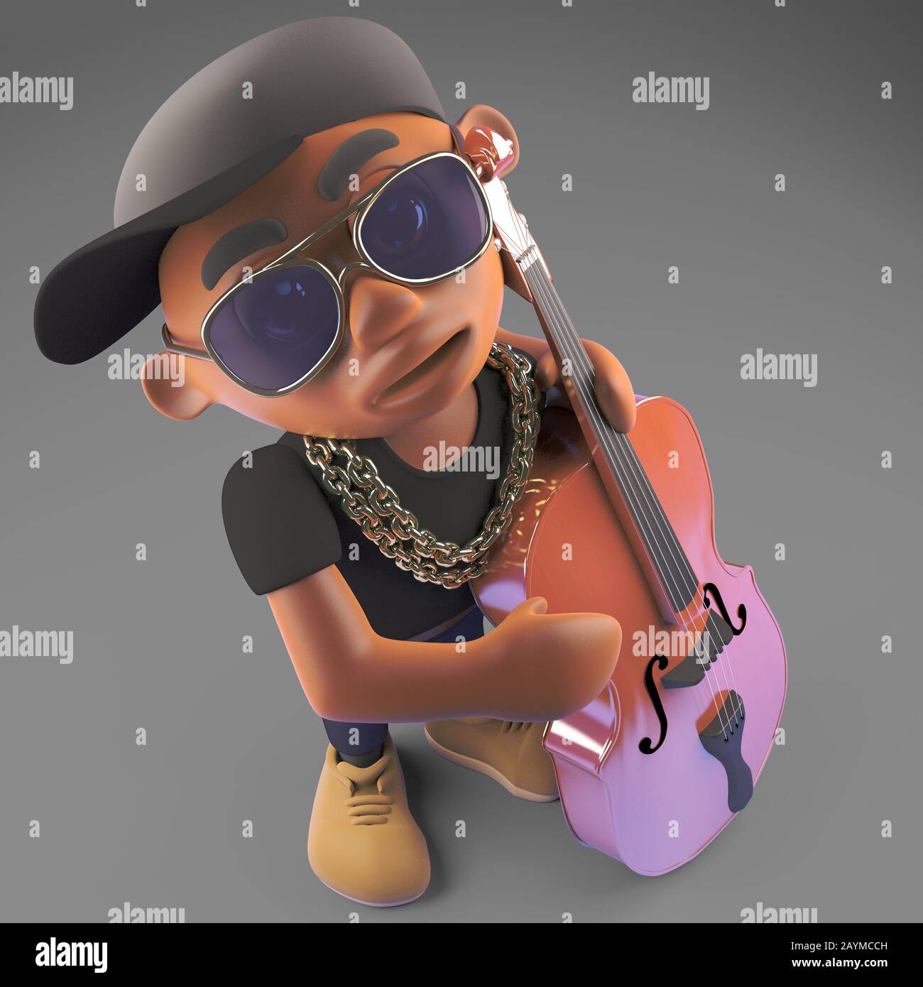 Bass playing black hiphop rapper in baseball cap, 3d illustration ...
