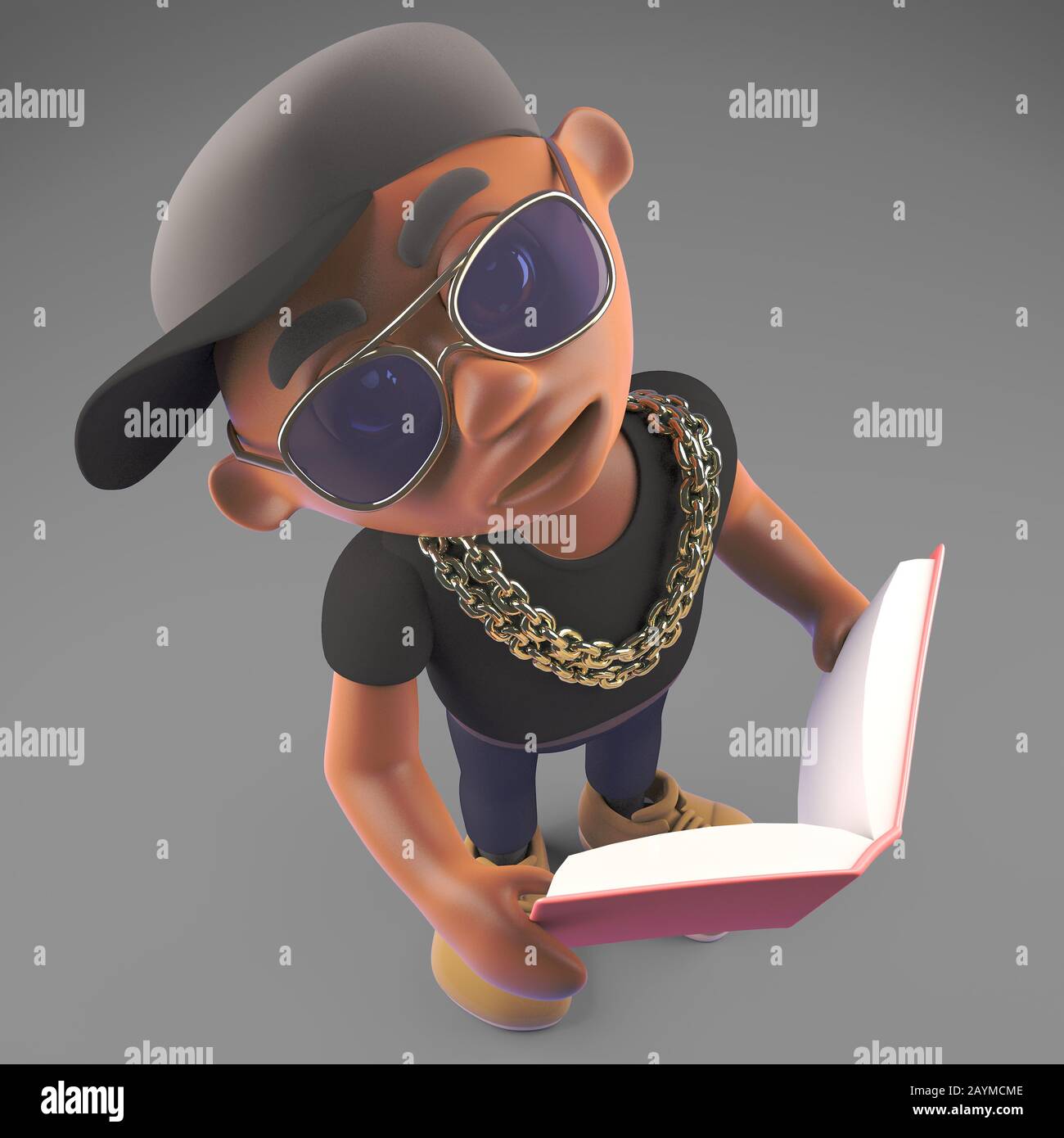 Cool black hiphop rapper reading an educational book, 3d illustration ...