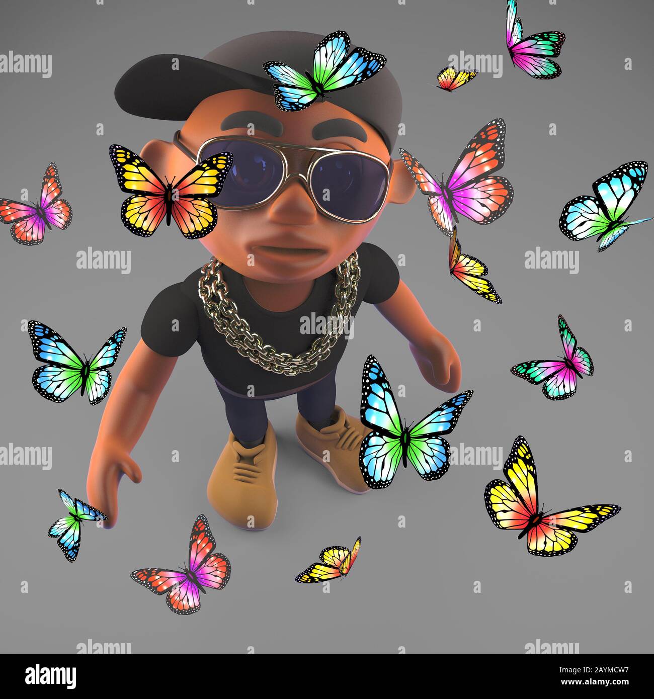 Cool black rapper in hip hop baseball cap surrounded by butterflies, 3d ...