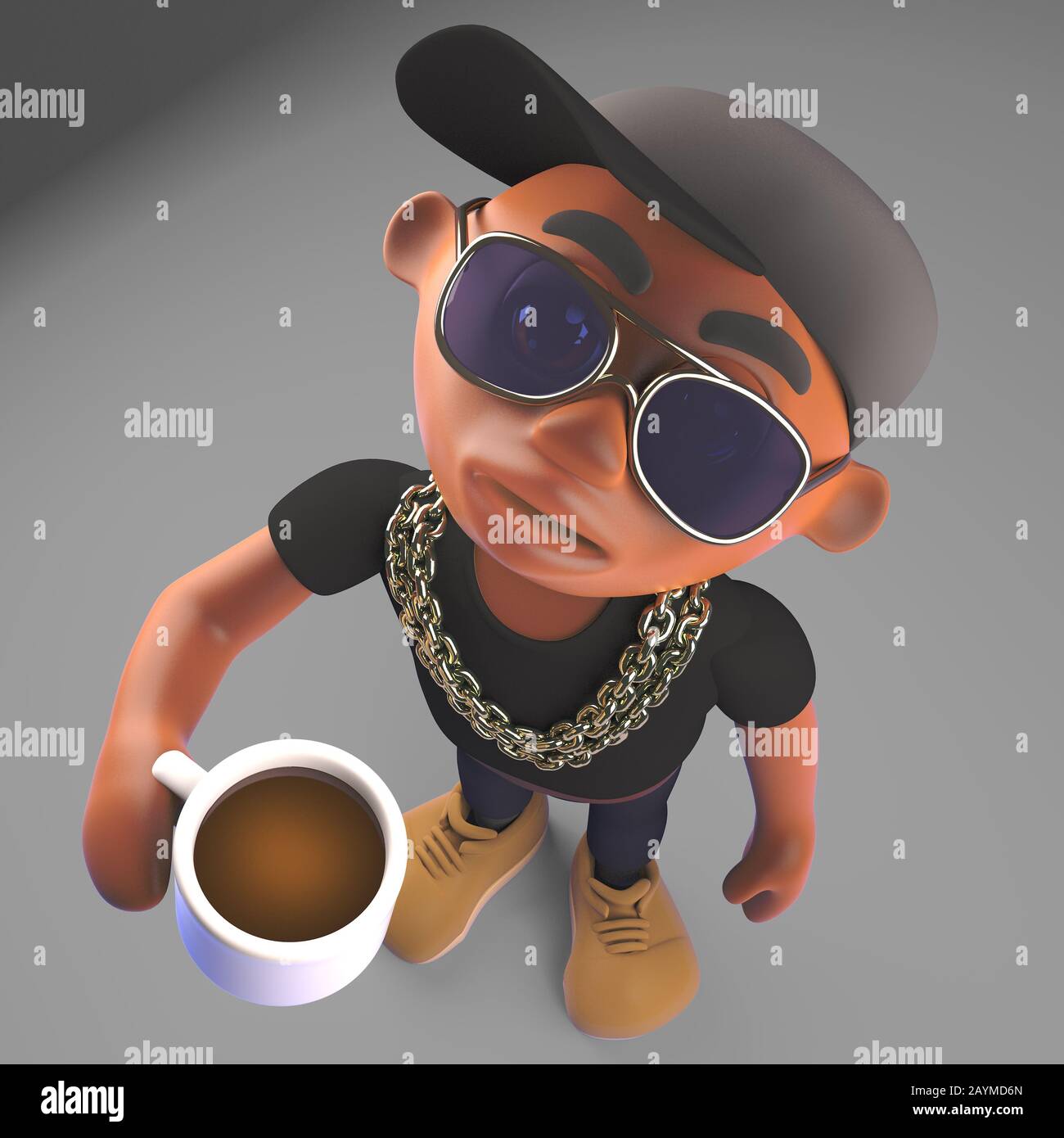 Thirsty black hiphop rapper in baseball cap drinks a cup of coffee, 3d ...