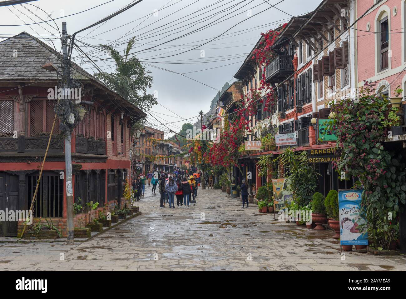 Bandipur, Nepal - 10 January 2020: the pedestrian zone in the center of ...