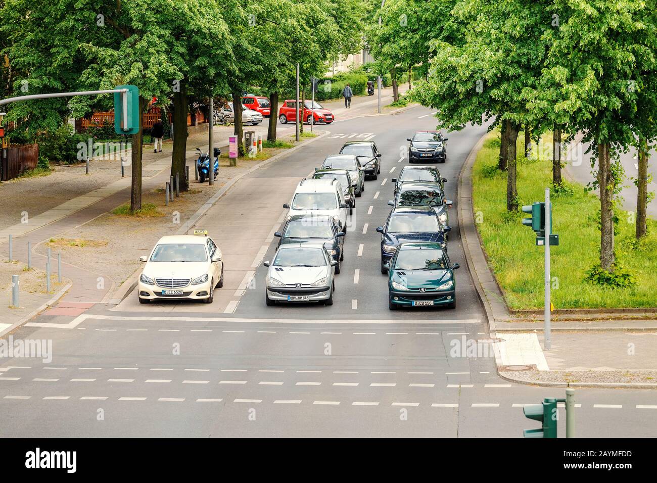 16 MAY 2018, BERLIN, GERMANY: Aerial view of the city street with cars ...