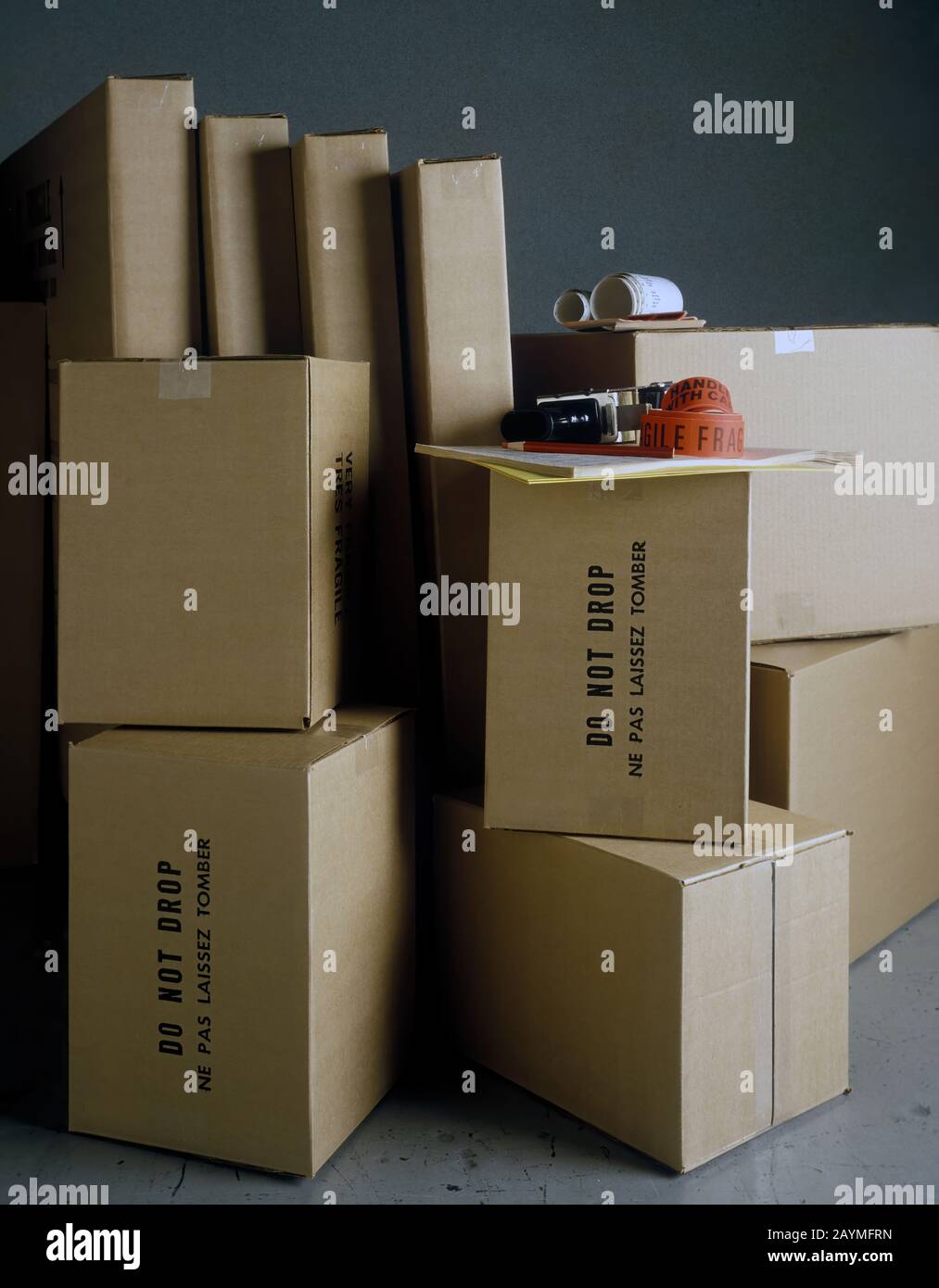 A variety of fragile marked cardboard boxes ready for shipping Stock ...