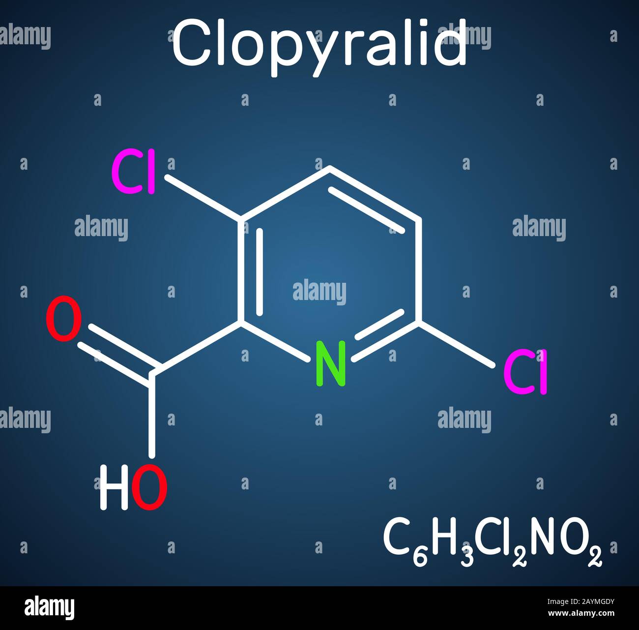 Clopyralid, C6H3Cl2NO2 molecule. It is herbicide, organochlorine ...