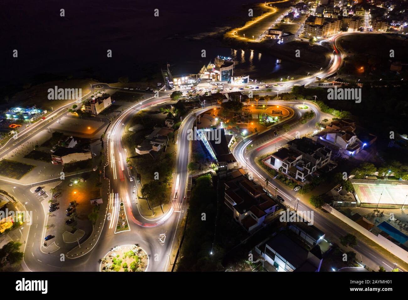 Night aerial view of Praia city in Santiago in Cape Verde Islands (Cabo ...