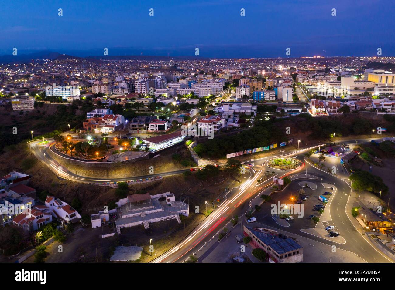 Night aerial view of Praia city in Santiago in Cape Verde Islands (Cabo ...