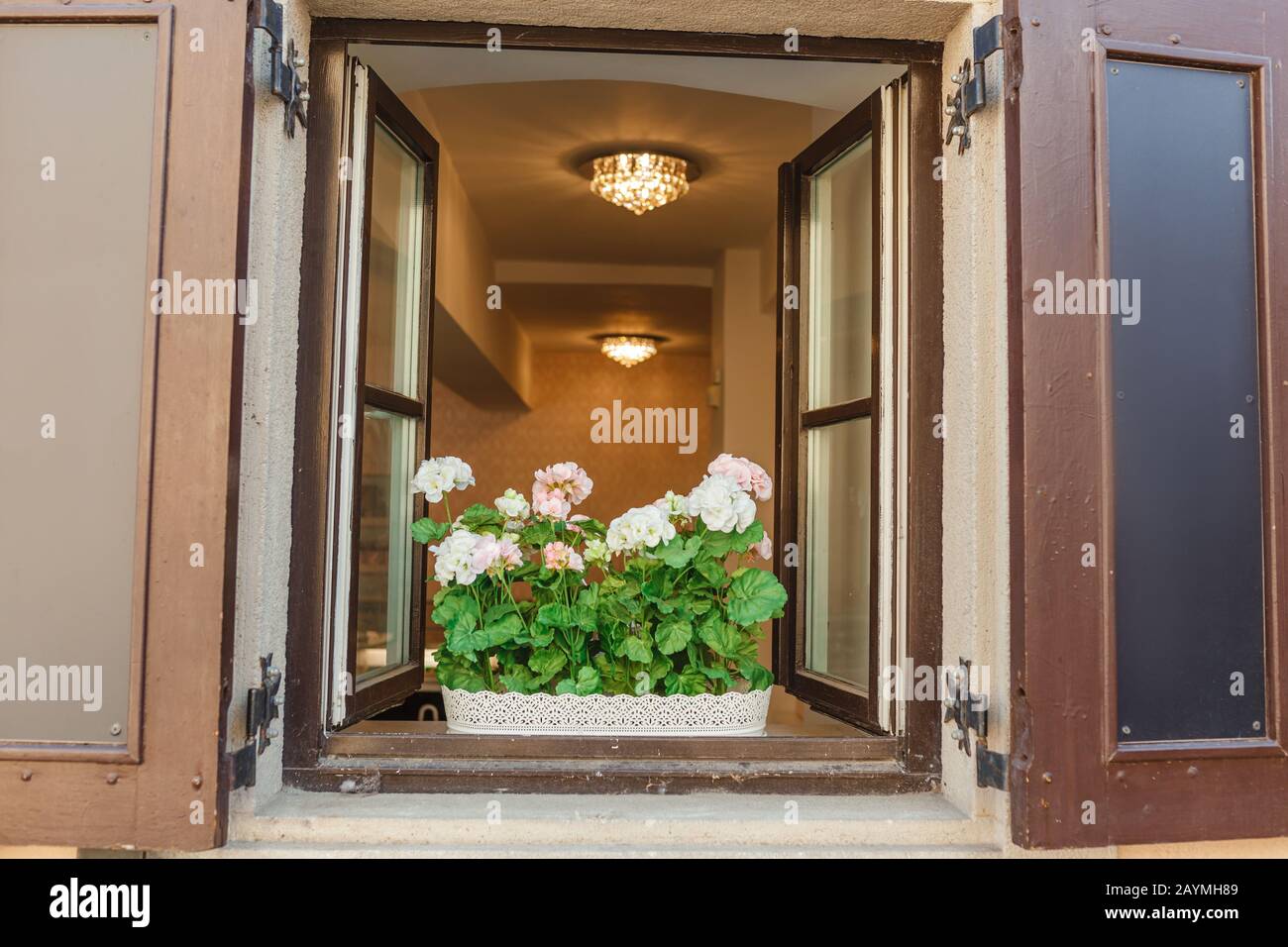 Typical European Window With opened Wooden Shutters, Decorated With ...
