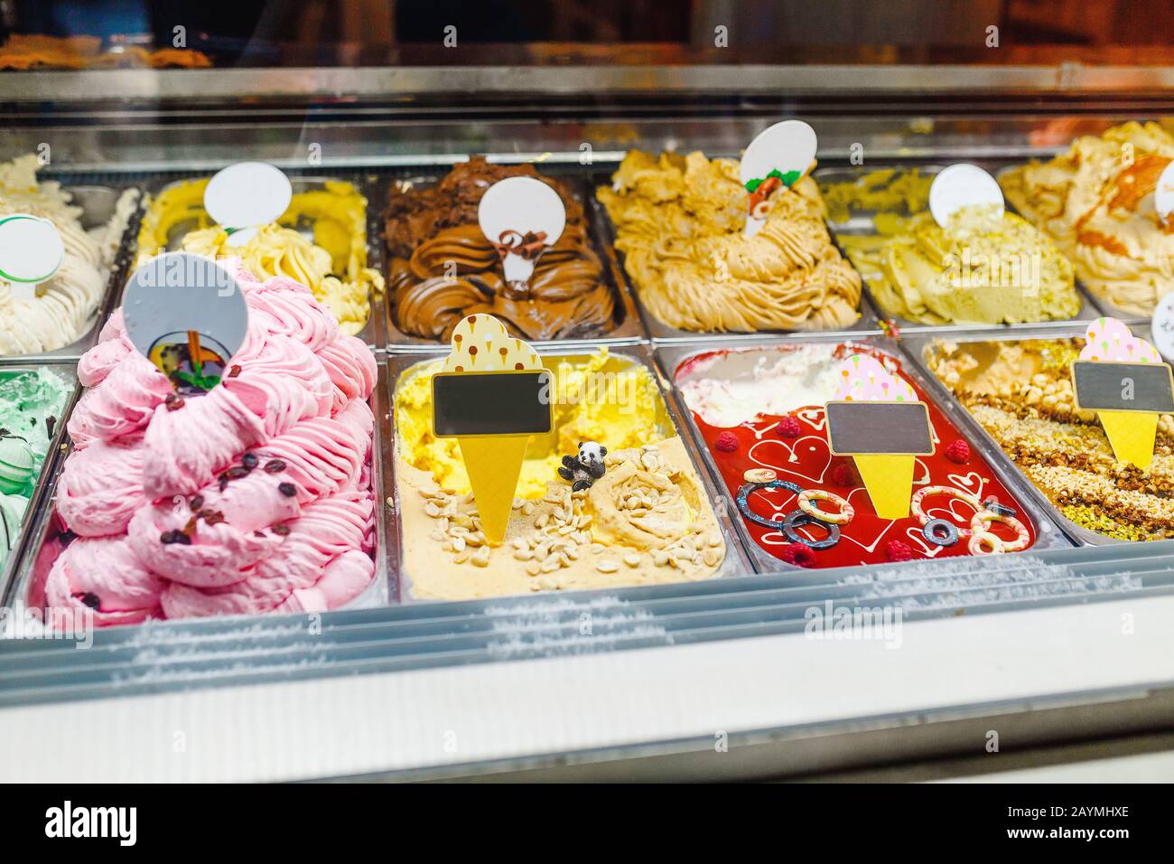 Various flavor of gelato ice-cream on display at the stall at food ...