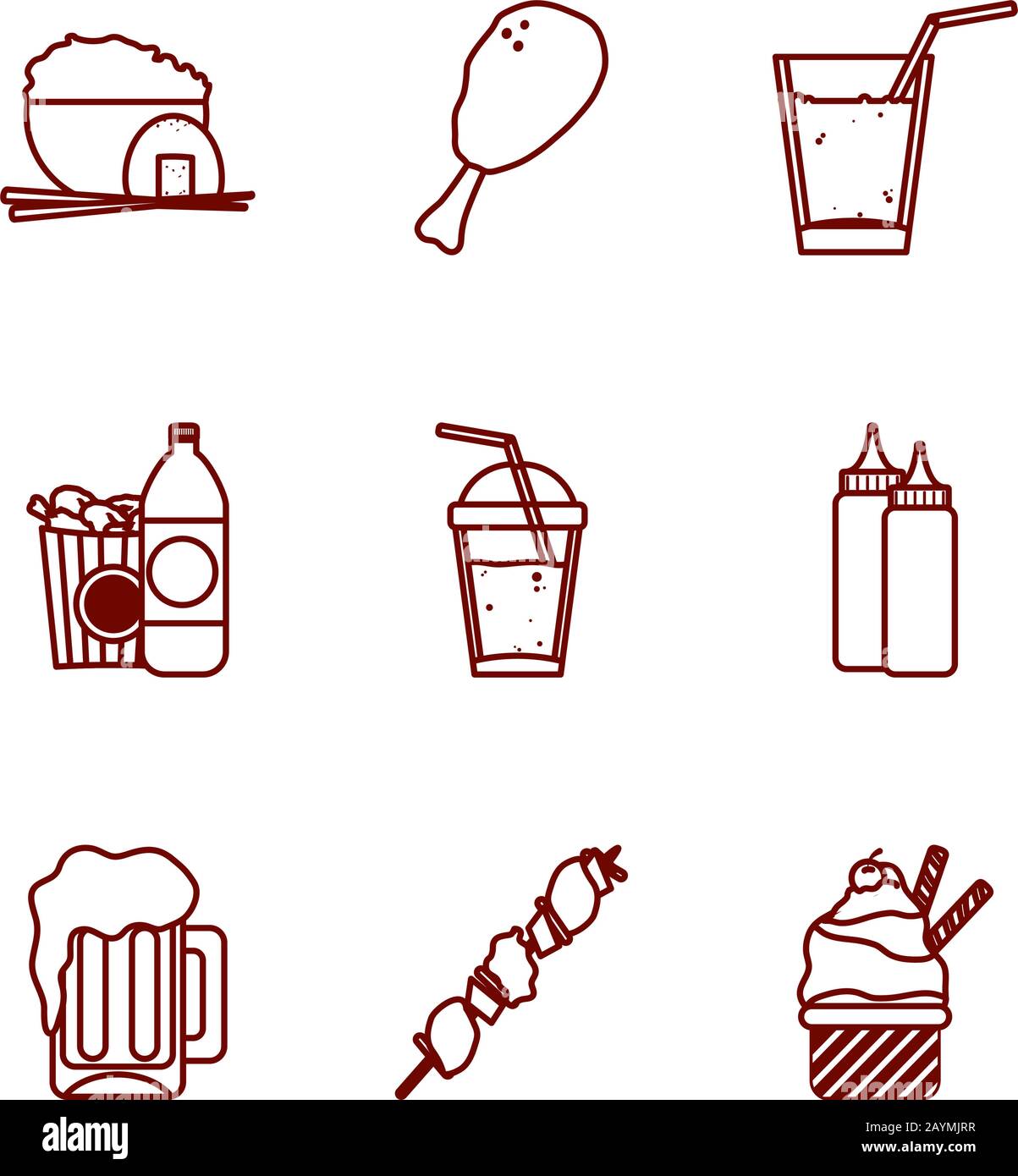 Line style icon set design, Eat fast food restaurant menu dinner lunch ...