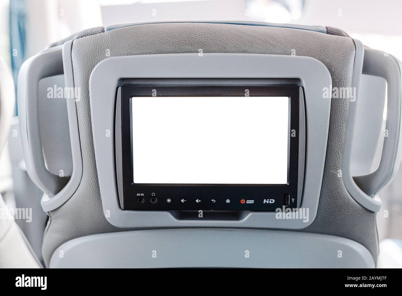 Closeup Blank Screen LCD monitor mounted in the seat in the long ...