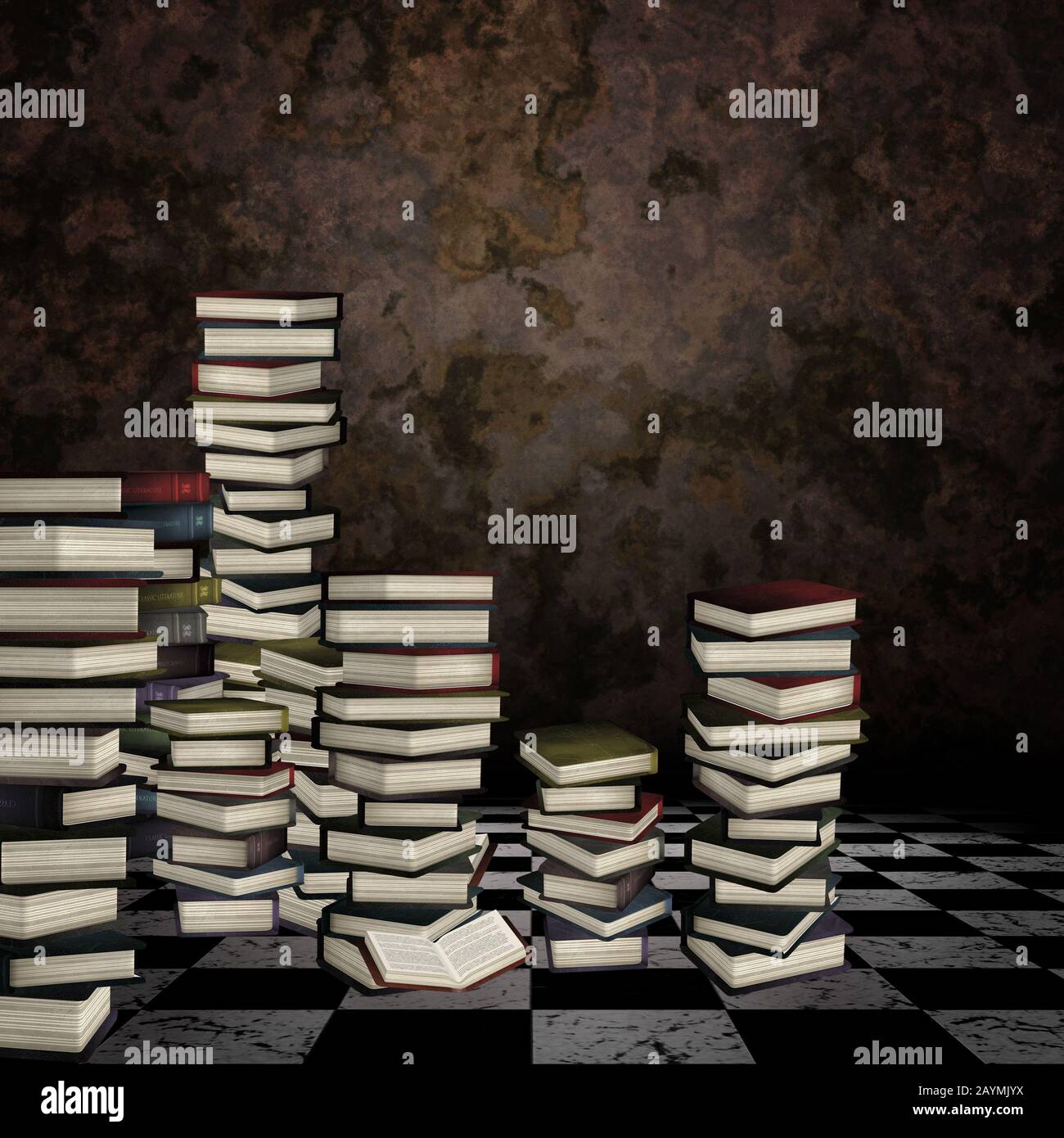 Old 3d rendered books in a stack in abstract room interior, digital ...