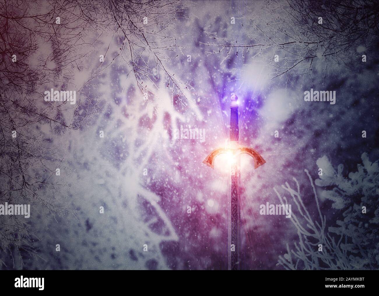 Medieval weapon 3d rendered sword surrounded by the falling snow ...