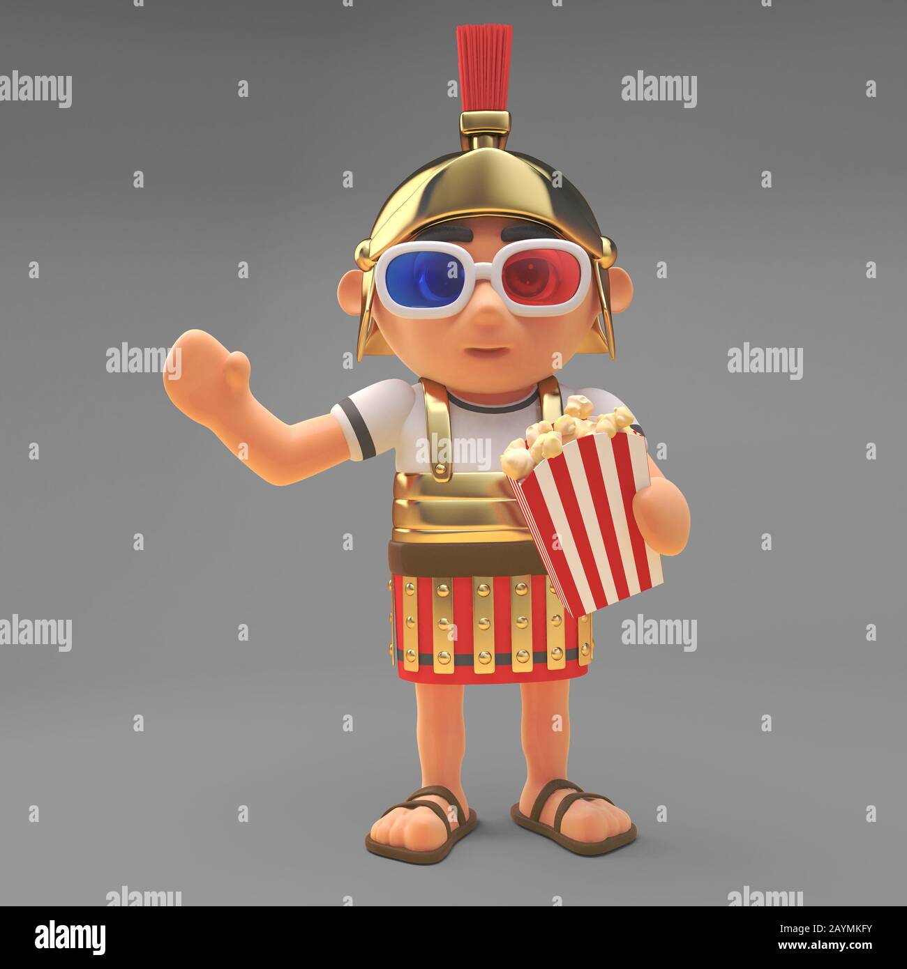 Funny Roman centurion soldier watches a movie in 3d glasses eating ...