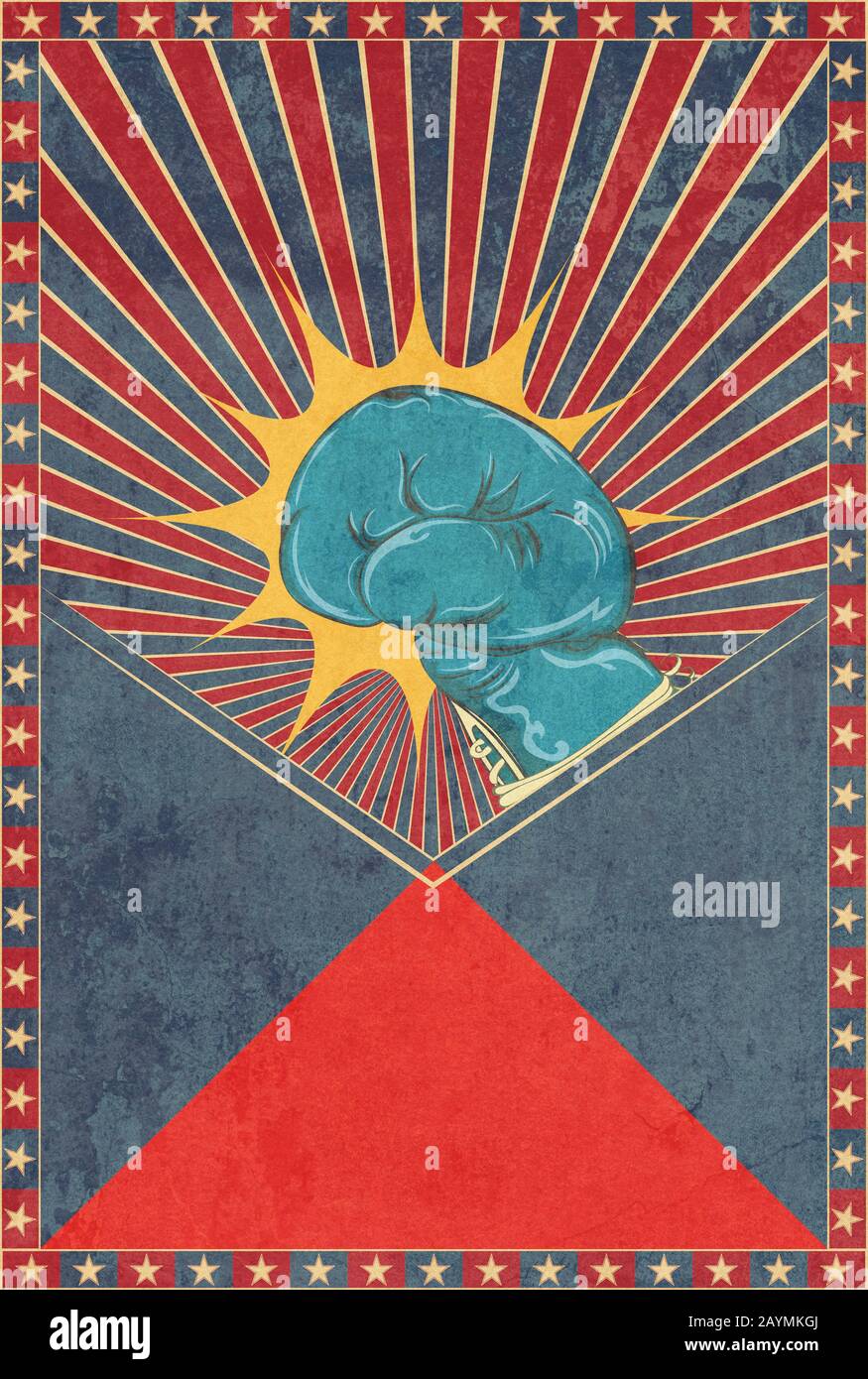 Retro grunge background with boxing glove over red and blue rays and ...