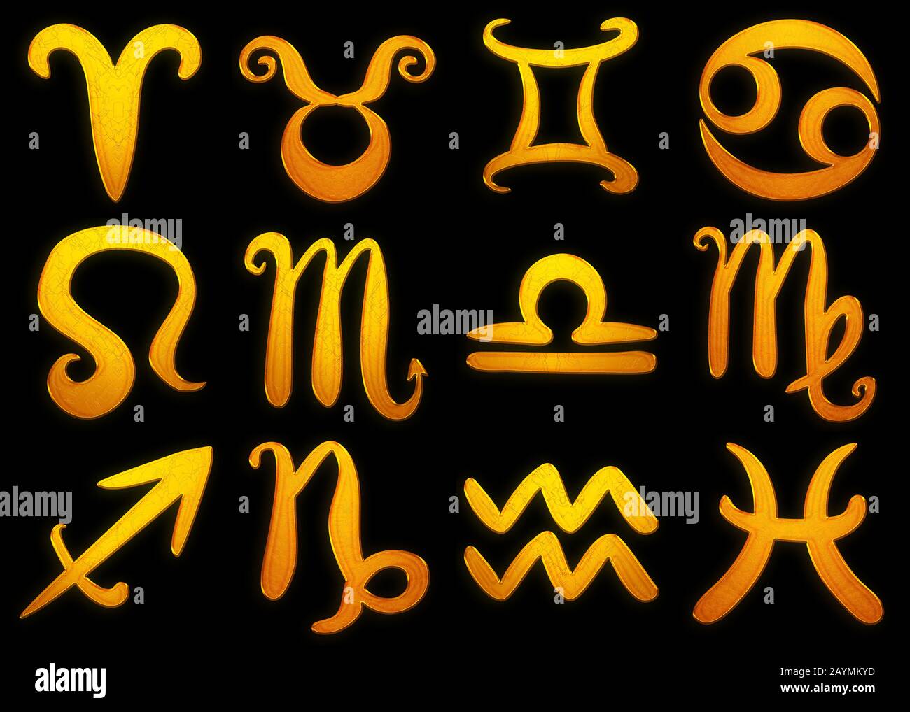 Collection of 12 zodiac symbols, golden icons on black background ...