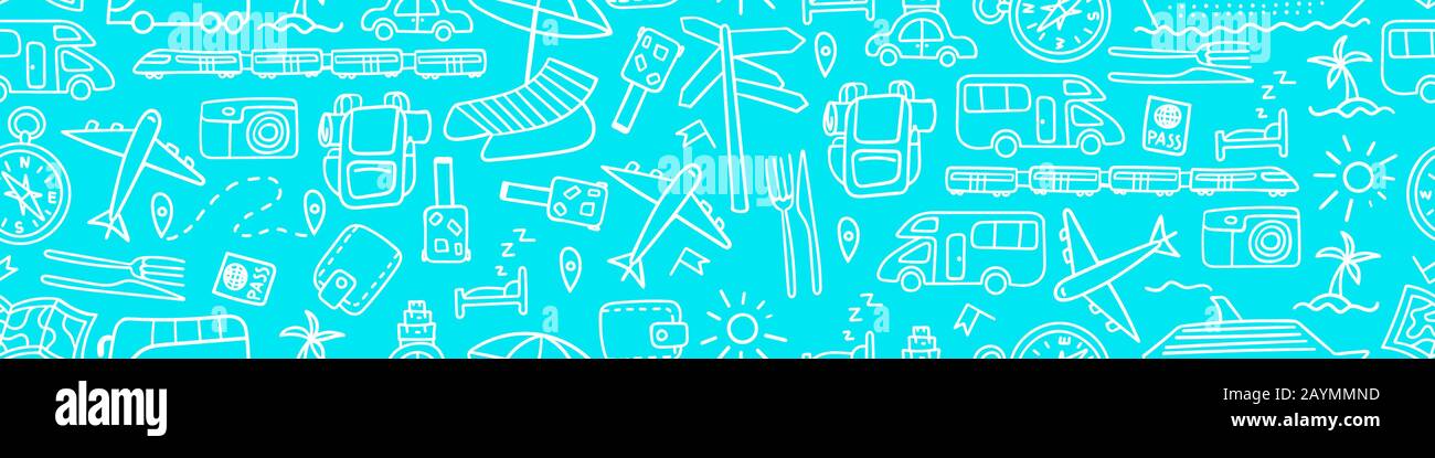 Horizontal seamless pattern with hand drawn travel doodles. Vacation ...