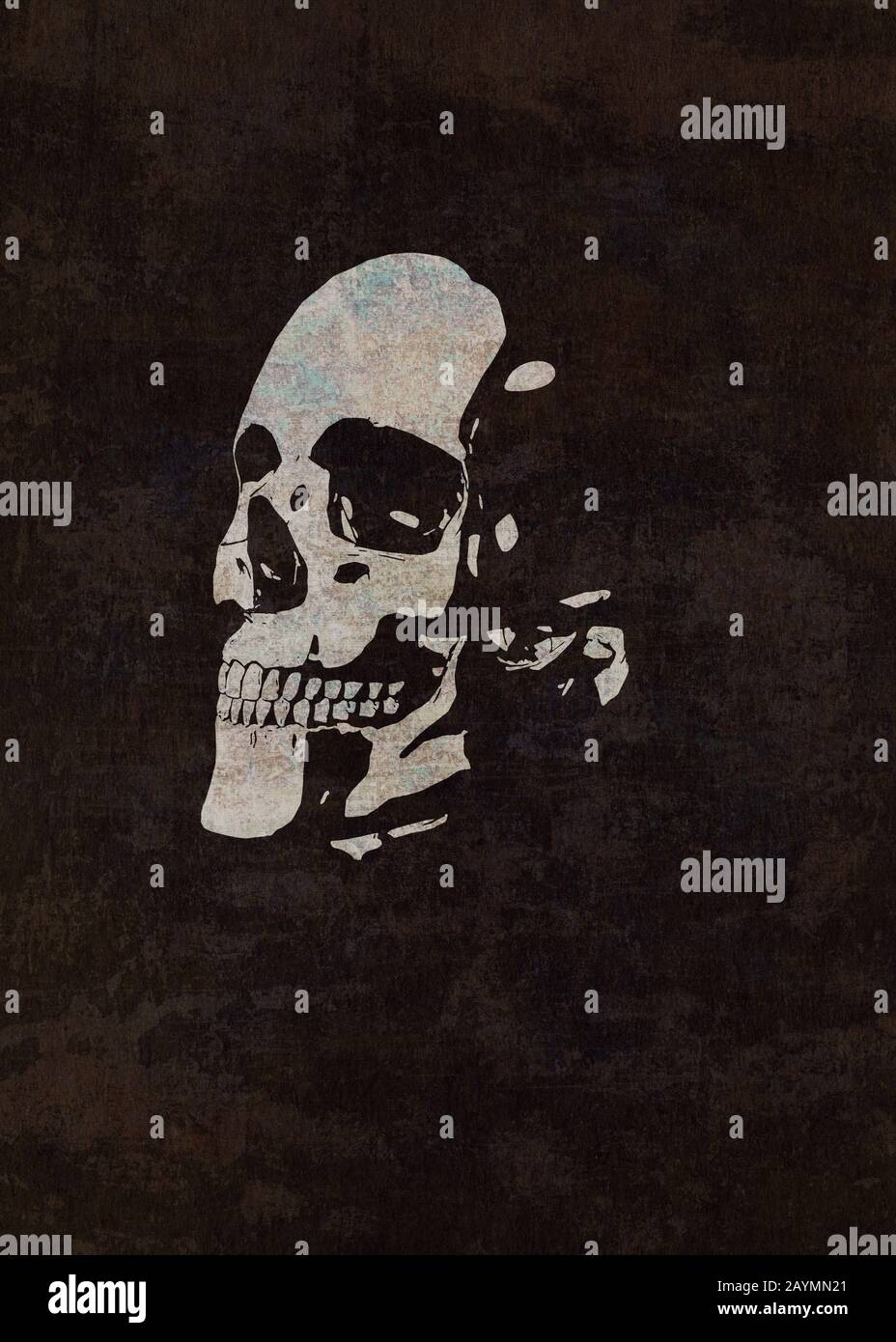 Grunge retro style illustration of human skull with hard texture ...