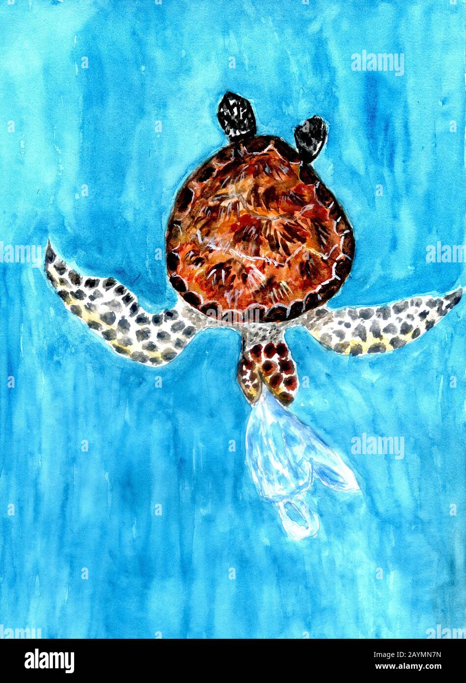 Little turtle surrounded by plastic waste in the ocean, hand drawn ...