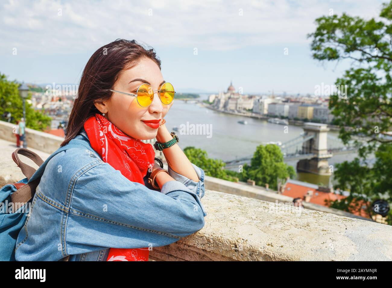 Smiling asian tourist girl in Budapest Stock Photo - Alamy