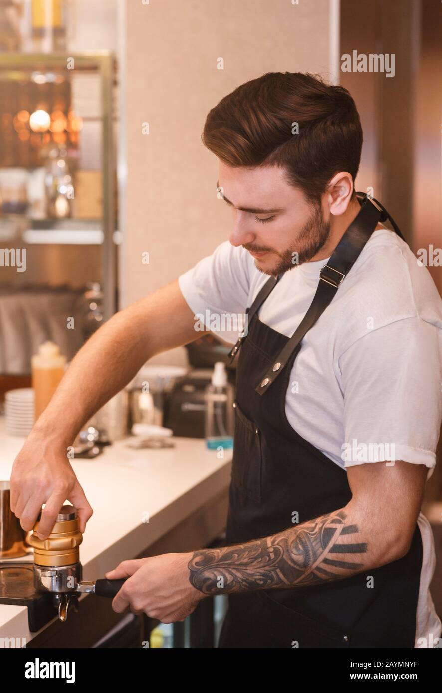Barista Man Making Coffee Working In Own Cafe Stock Photo - Alamy