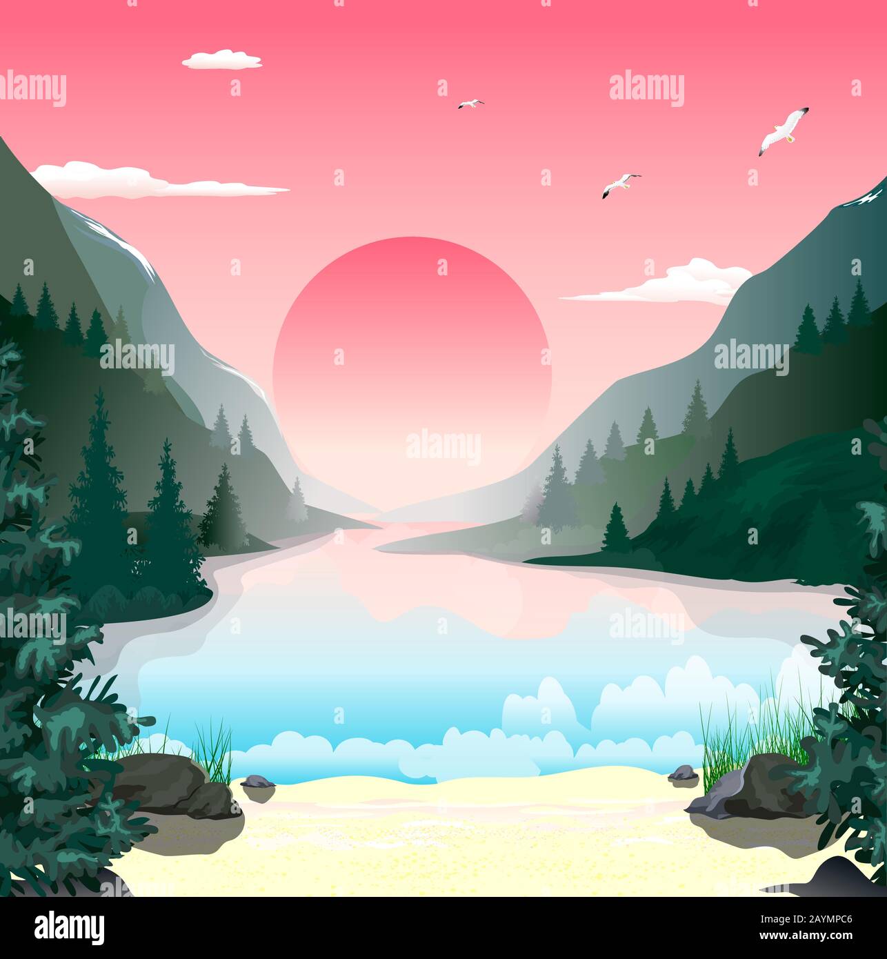 Dawn and river in the evening Stock Vector Images - Alamy