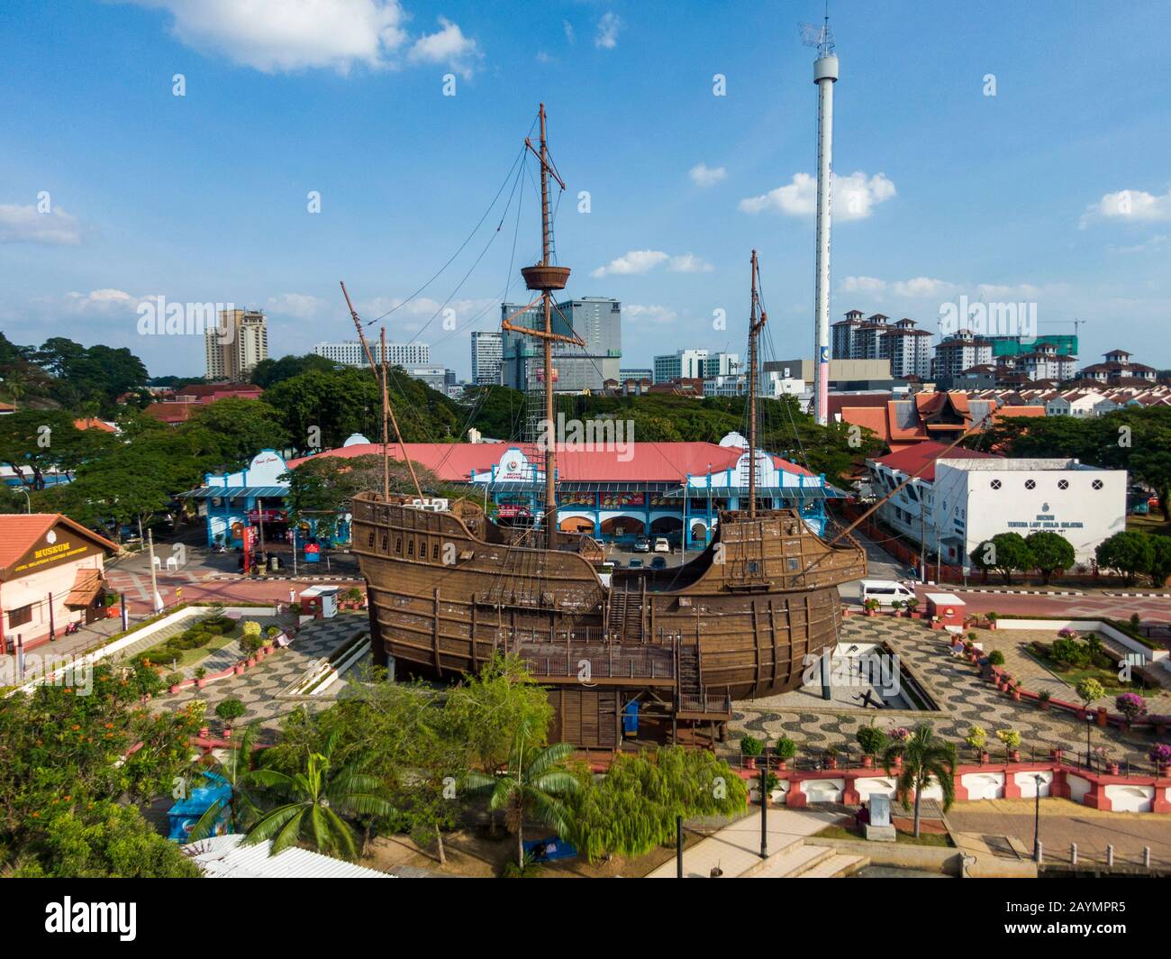 Aerial view of Flor de la Mar a replica of a Portuguese ship at the ...