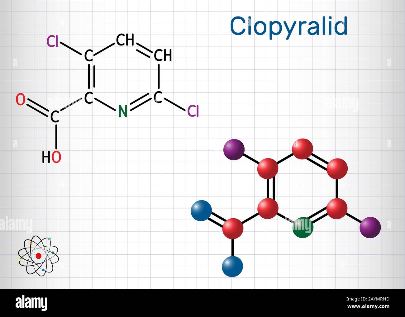 Clopyralid, C6H3Cl2NO2 molecule. It is herbicide, organochlorine ...