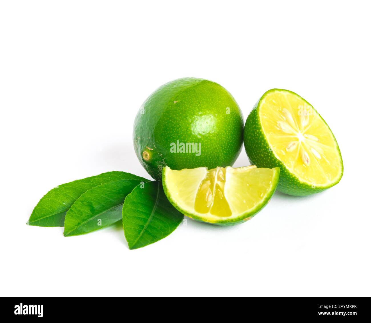 Studio shot single whole lime with slice cutout and leaves isolated on ...