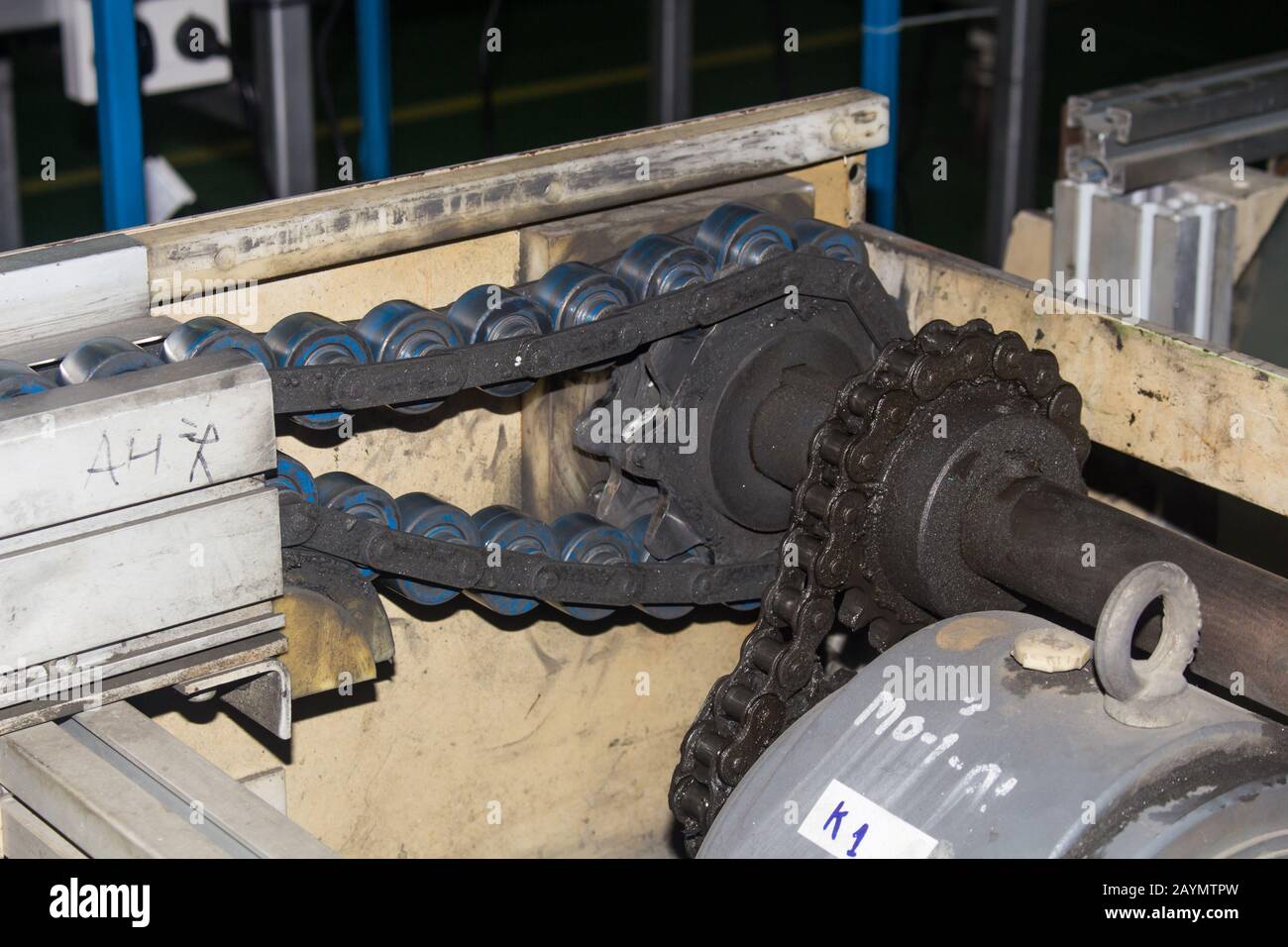 Conveyor chain drive shaft production line of the factory. soft focus ...