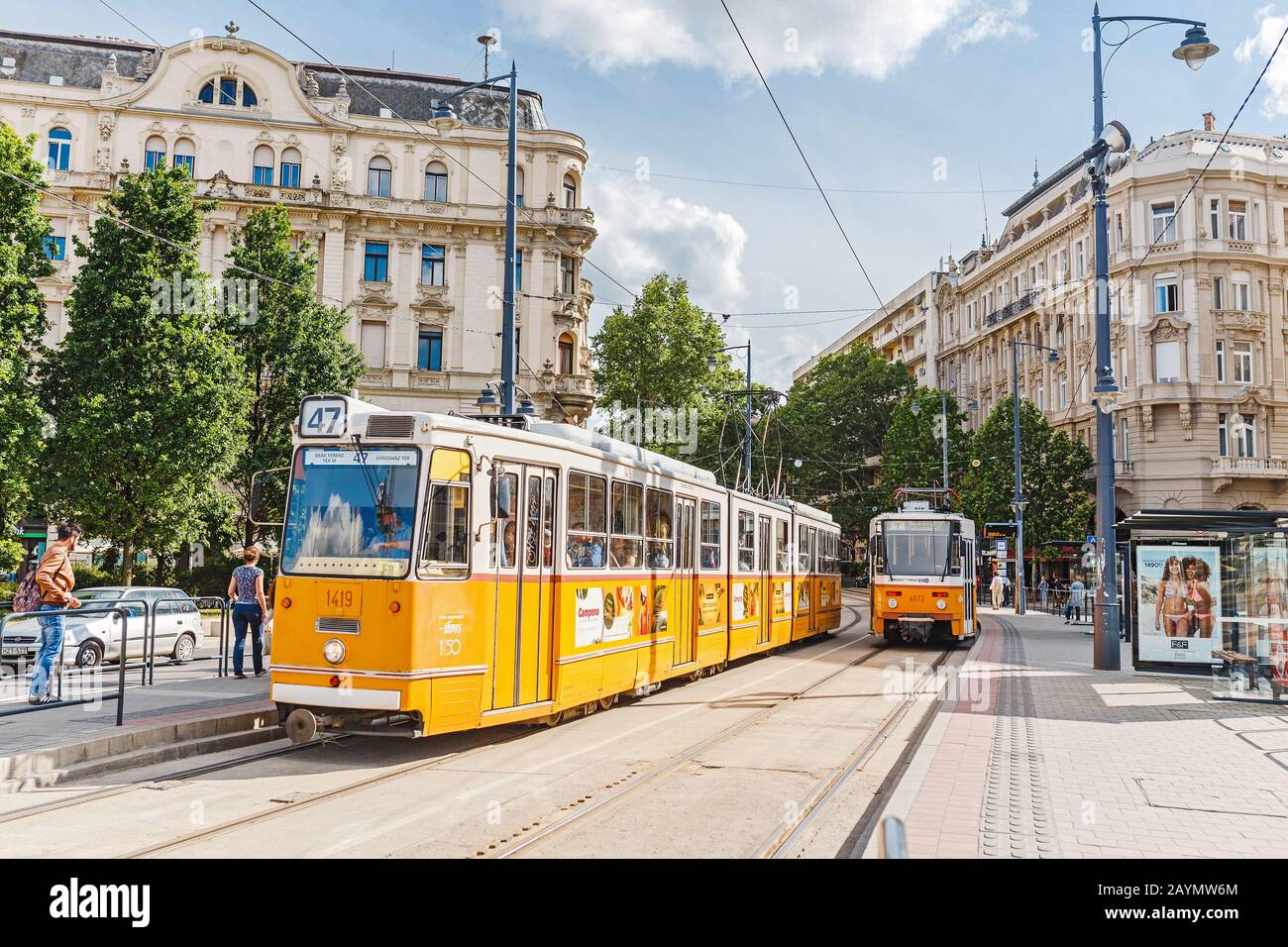 15 MAY 2018 BUDAPEST, HUNGARY: Famous Yellow tram at the Budapest city ...
