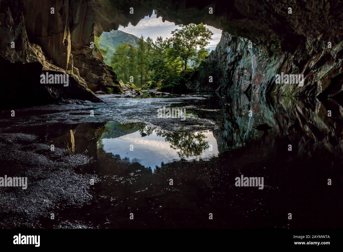 View from Rydal Cave, an old disused slate mine near Ambleside, in the ...