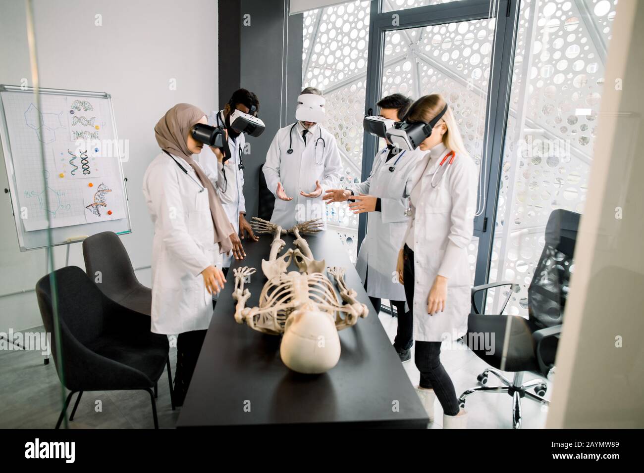 science, technology, virtual reality and people concept. Professor with ...