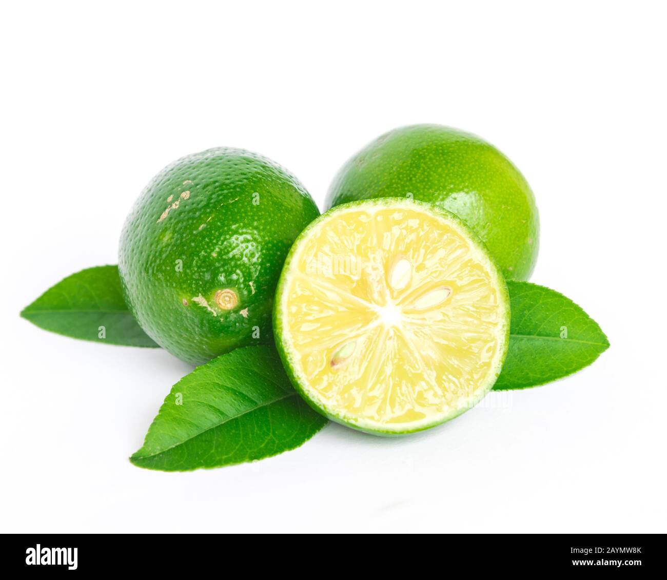 Two homegrown raw Asian limes with half cut slices and green leaves ...
