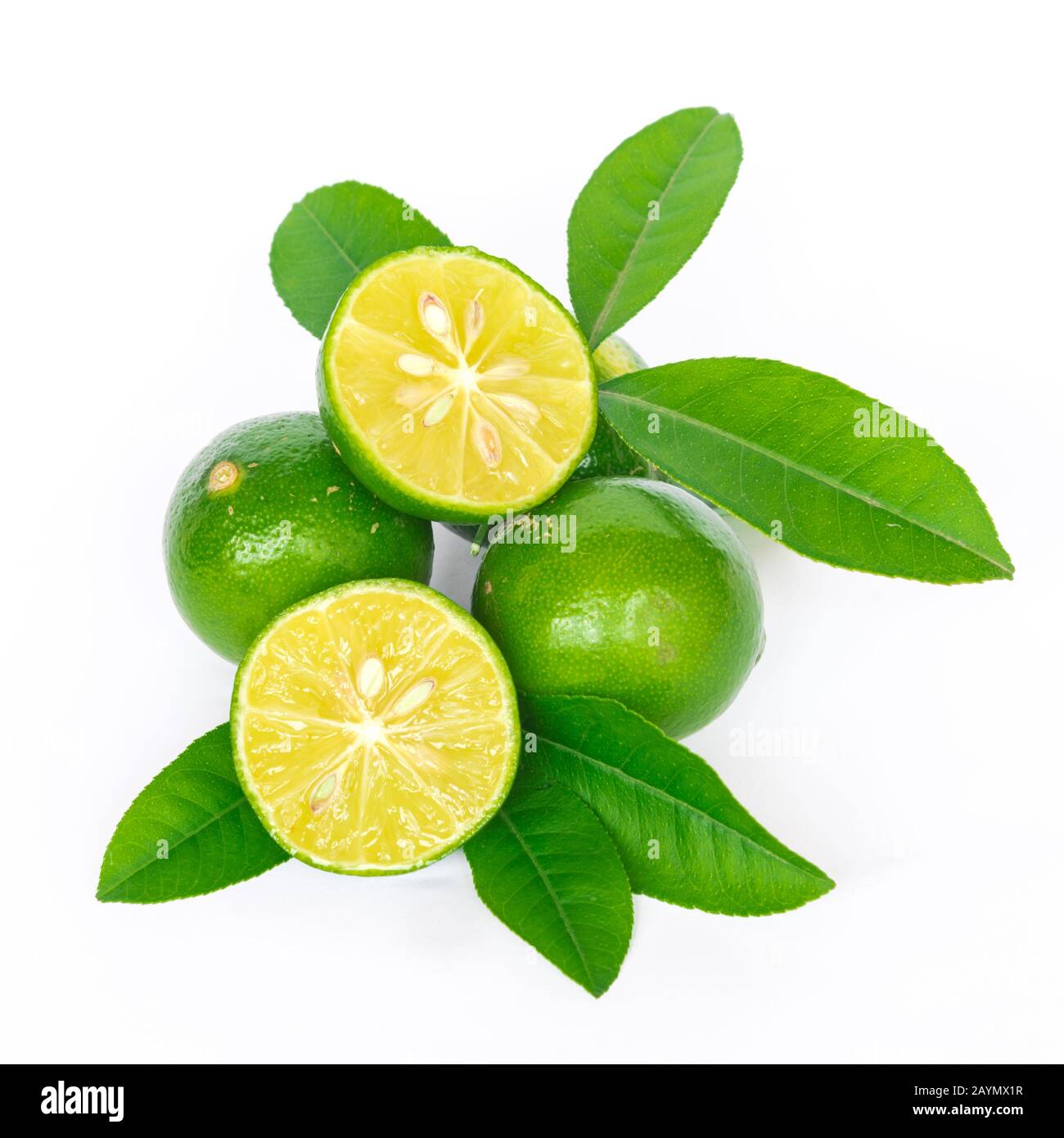 Pile of homegrown Asian limes with half cuts slices and green leaves ...