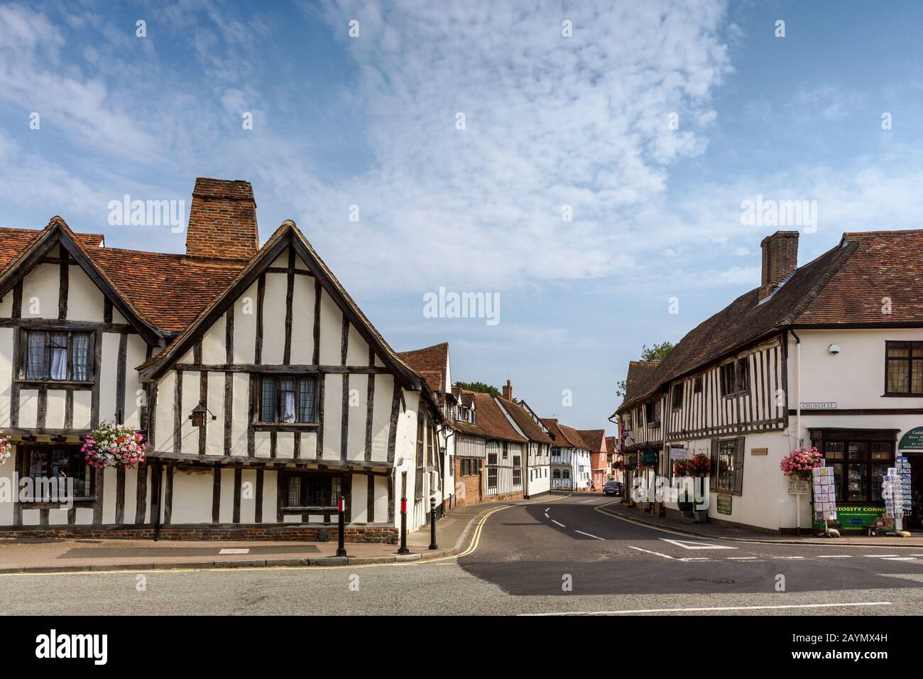 Historic half-timbered buildings in the picturesque town of Lavenham in ...