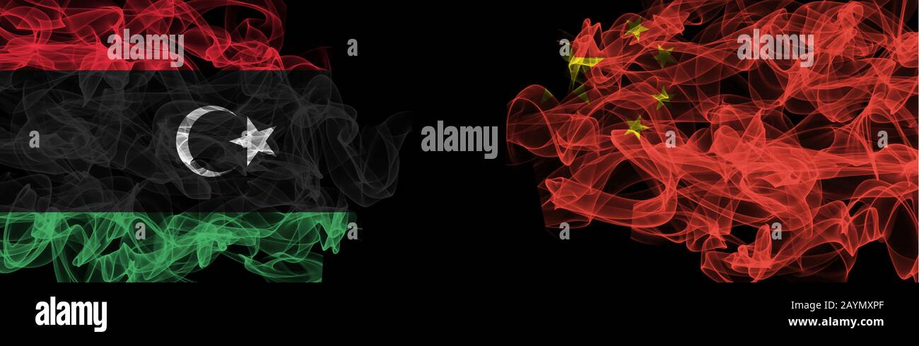 Flags of Libya and China on Black background, Libya vs China Smoke ...