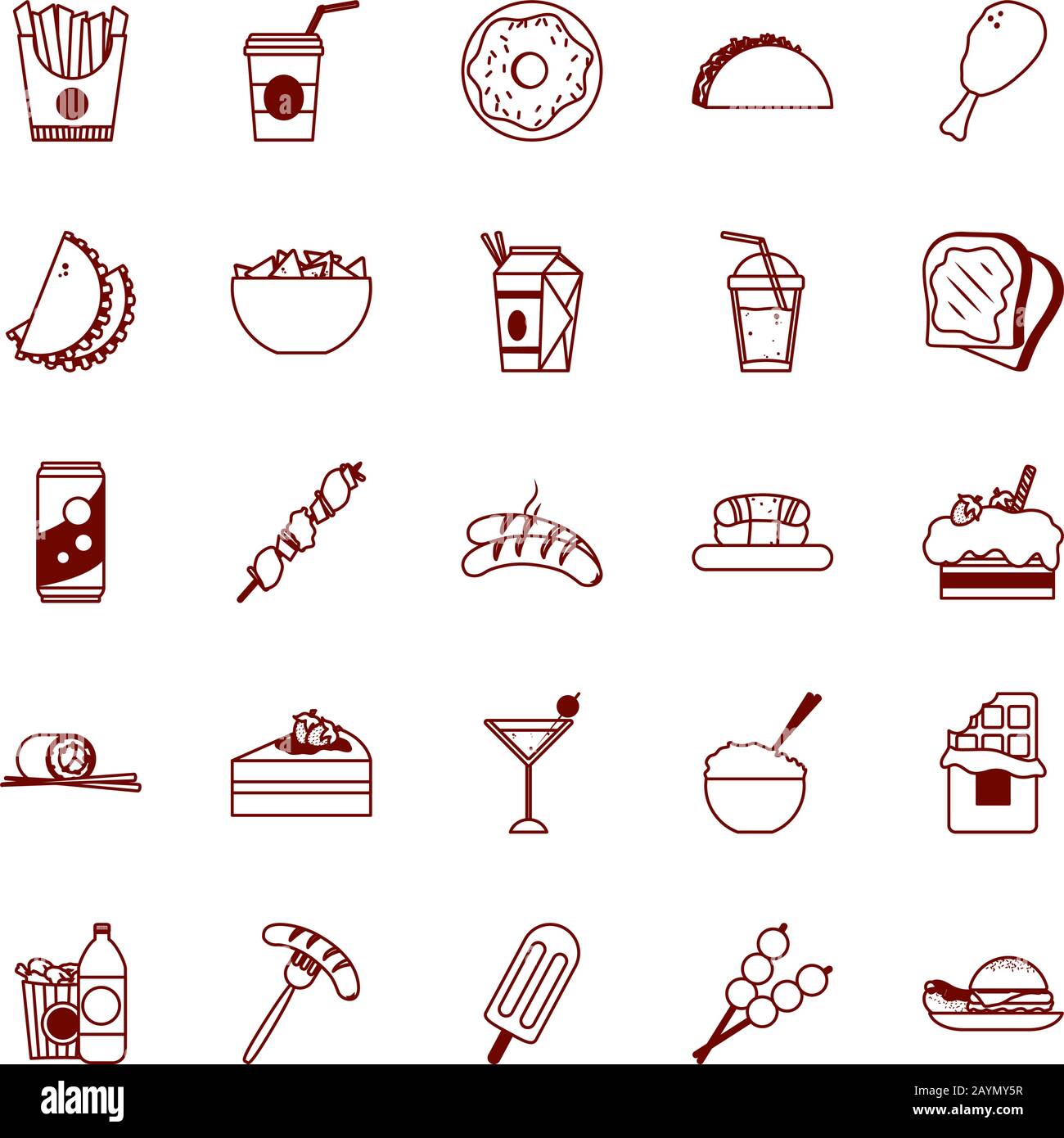 Line style icon set design, Eat fast food restaurant menu dinner lunch ...