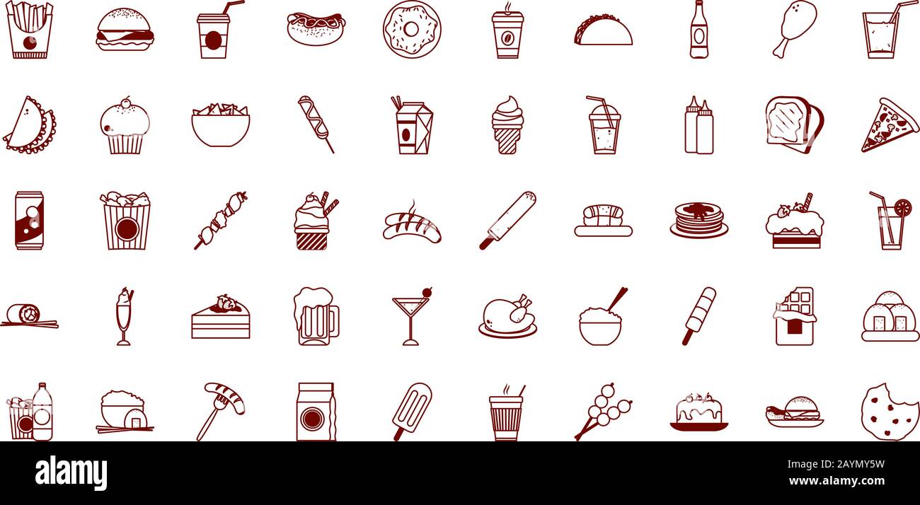 Line style icon set design, Eat fast food restaurant menu dinner lunch ...